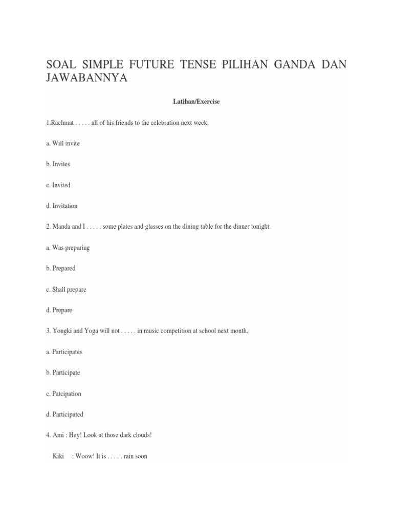Soal Simple Future Tense Pilihan Ganda Dan Jawabannya | PDF