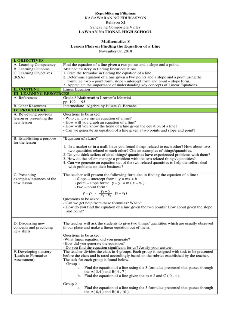 Mathematics 8 Lesson Plan On Finding The Equation of A Line: Republika ...