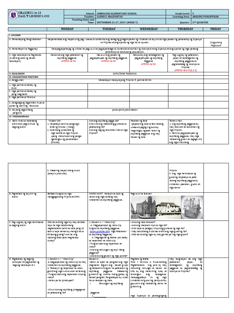 Araling Panlipunan 5 - q2 - w7 DLL | PDF