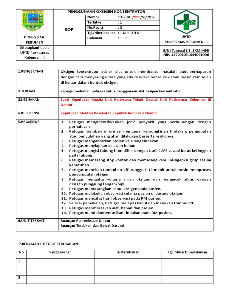Sop Oksigen Konsentrator | PDF