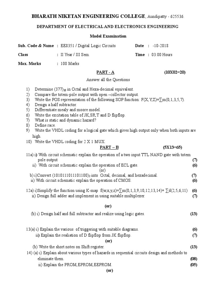 Bharath Niketan Engineering College: Hours | PDF | Logic Gate | Vhdl