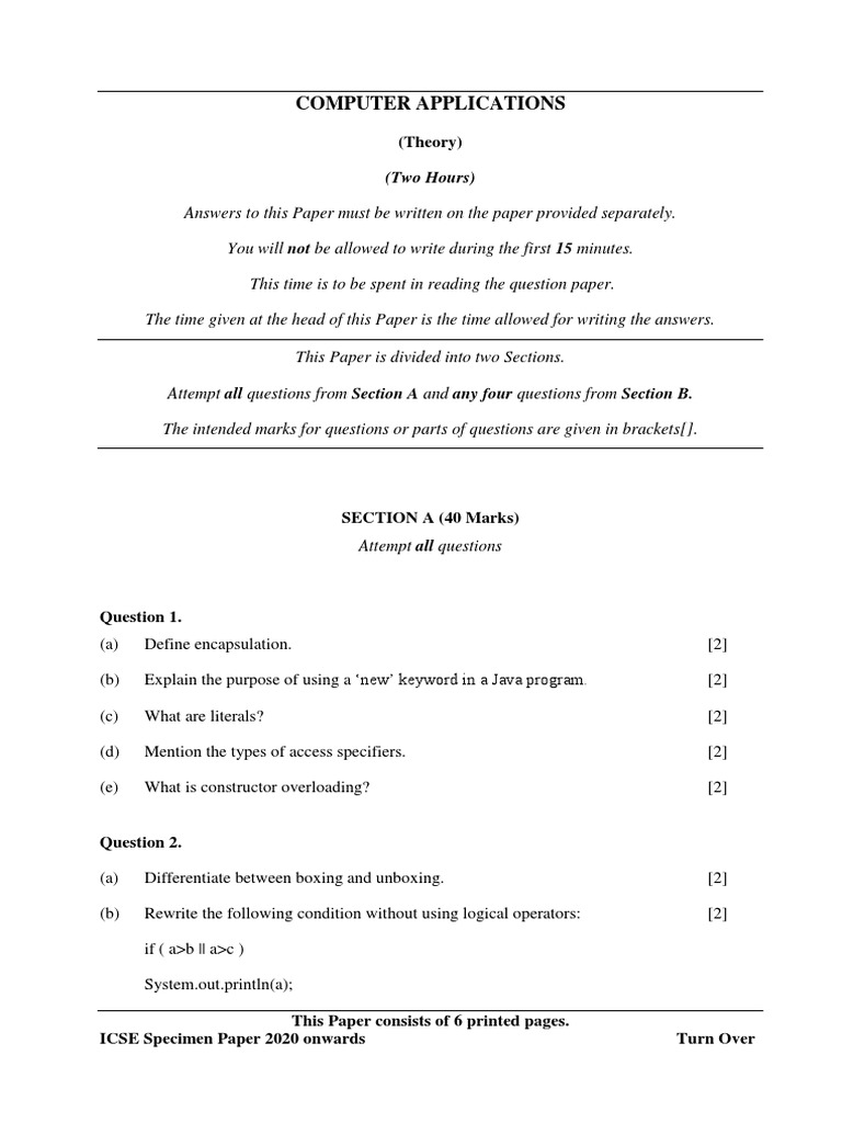 Computer Applications - Specimen - 2020 PDF | PDF | Integer (Computer Science) | Class (Computer ...