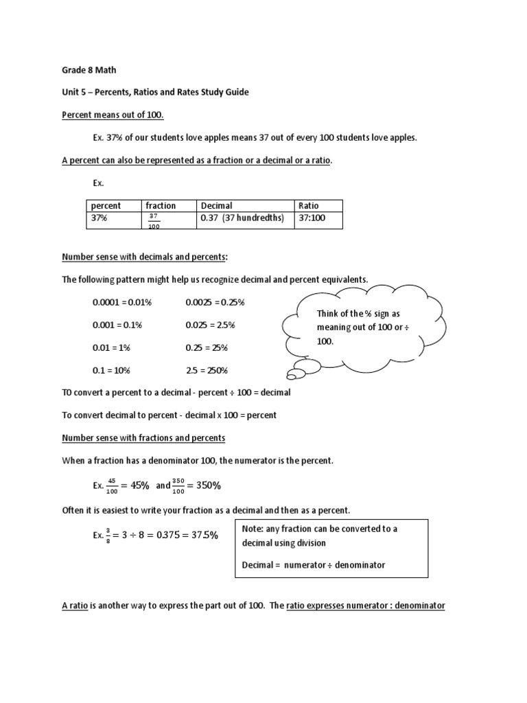 Grade 8 Math Unit 5 - Percents, Ratios and Rates Study Guide | PDF ...