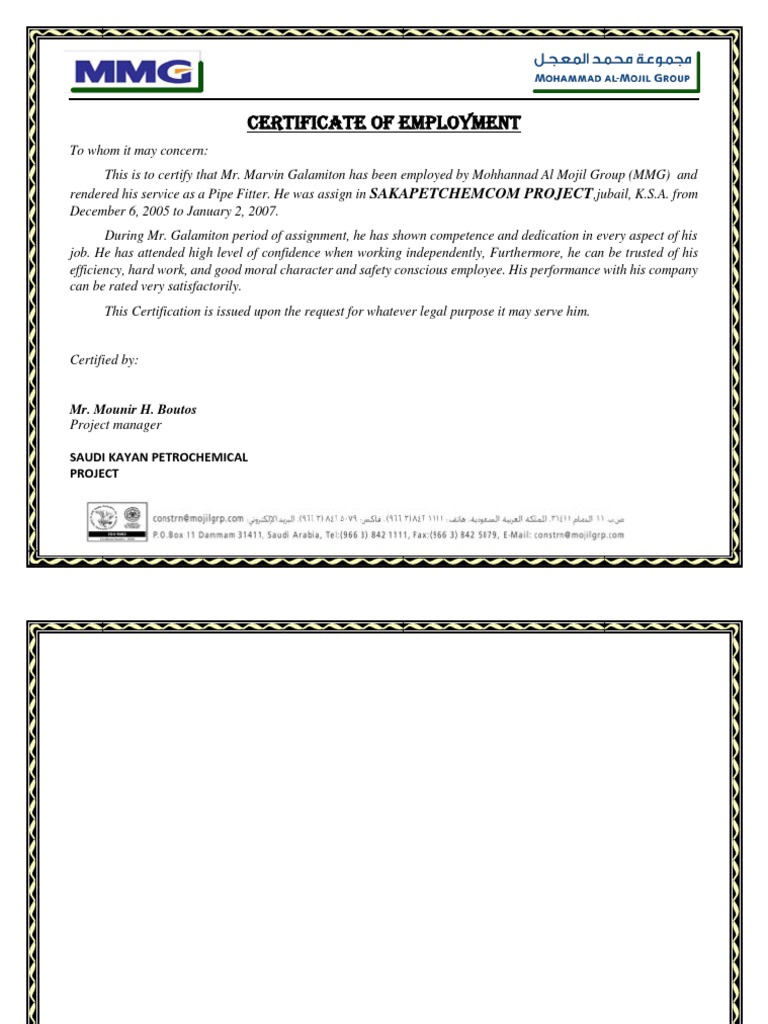 MMG CERTIFICATE OF EMPLOYMENT Marvin | PDF | Business