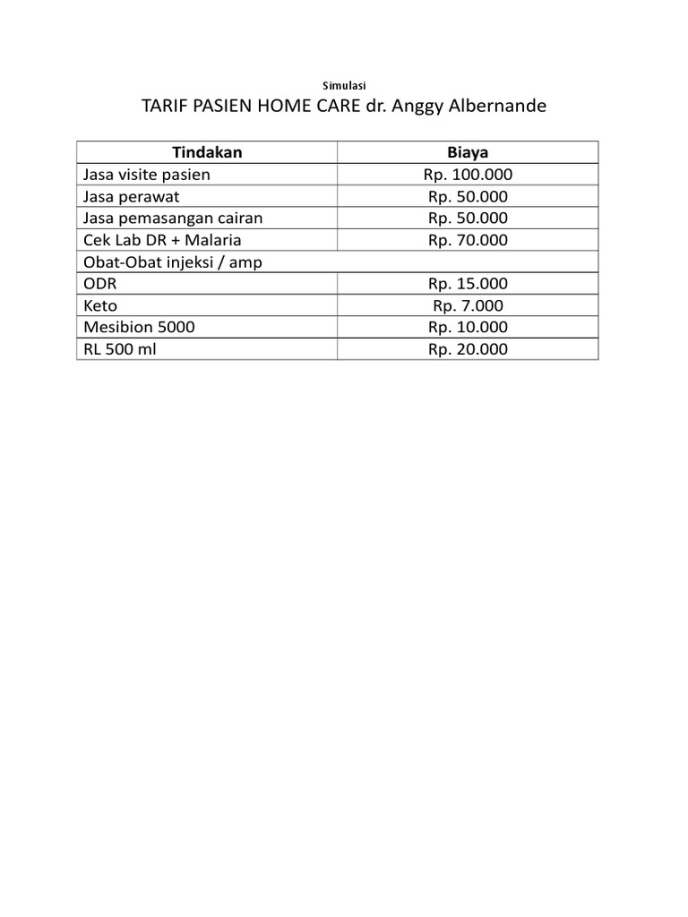 Tarif ODR Injeksi dan Biaya Home Care | PDF | Memasak, Makanan ...