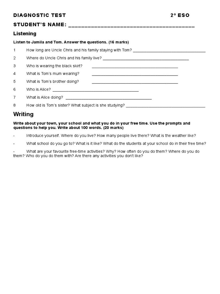 Writing: Diagnostic Test 2º ESO STUDENT'S NAME: - Listening | PDF