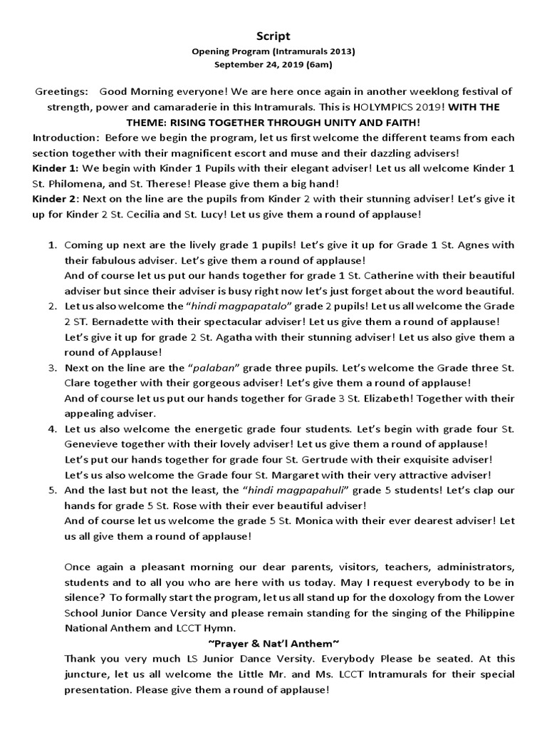 Script: Opening Program (Intramurals 2013) September 24, 2019 (6am ...