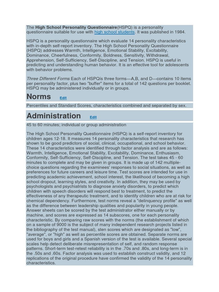 The High School Personality Questionnaire (HSPQ): A 14-factor ...
