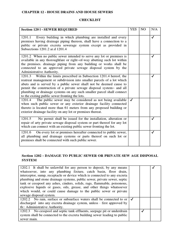 Chapter 12 - House Drains and House Sewers Checklist | PDF | Sanitary ...