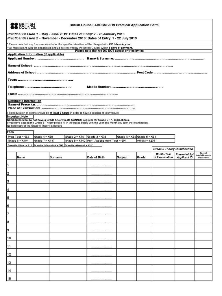 British Council ABRSM 2019 Practical Application Form | PDF | Saxophone ...