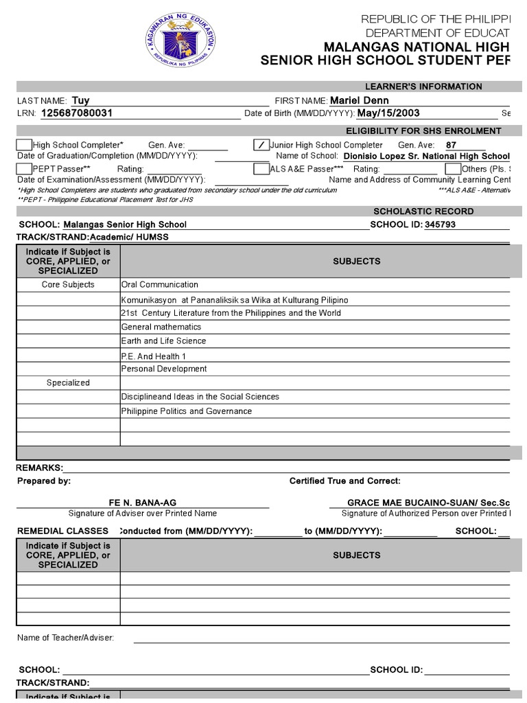 Form 137 SHS 2016 | PDF | Curriculum | Learning