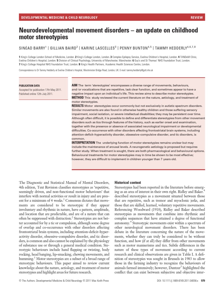 Neurodevelopmental Movement Disorders - An Update On Childhood Motor Stereotypies | PDF | Autism ...