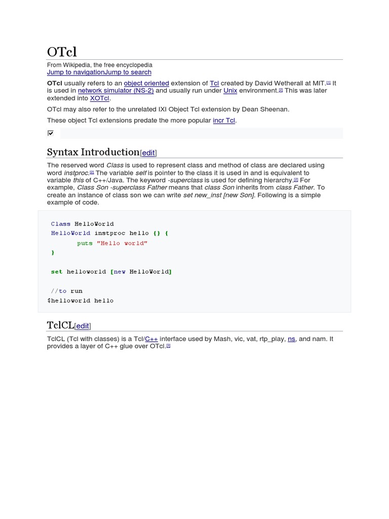 Syntax Introduction: Jump To Navigationjump To Search Object Oriented TCL Network Simulator (Ns ...
