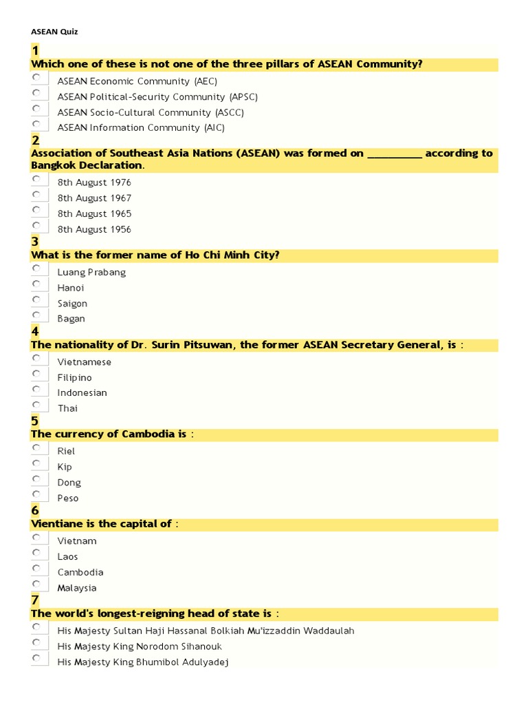 Asean Quiz | PDF | Association Of Southeast Asian Nations | Southeast Asia