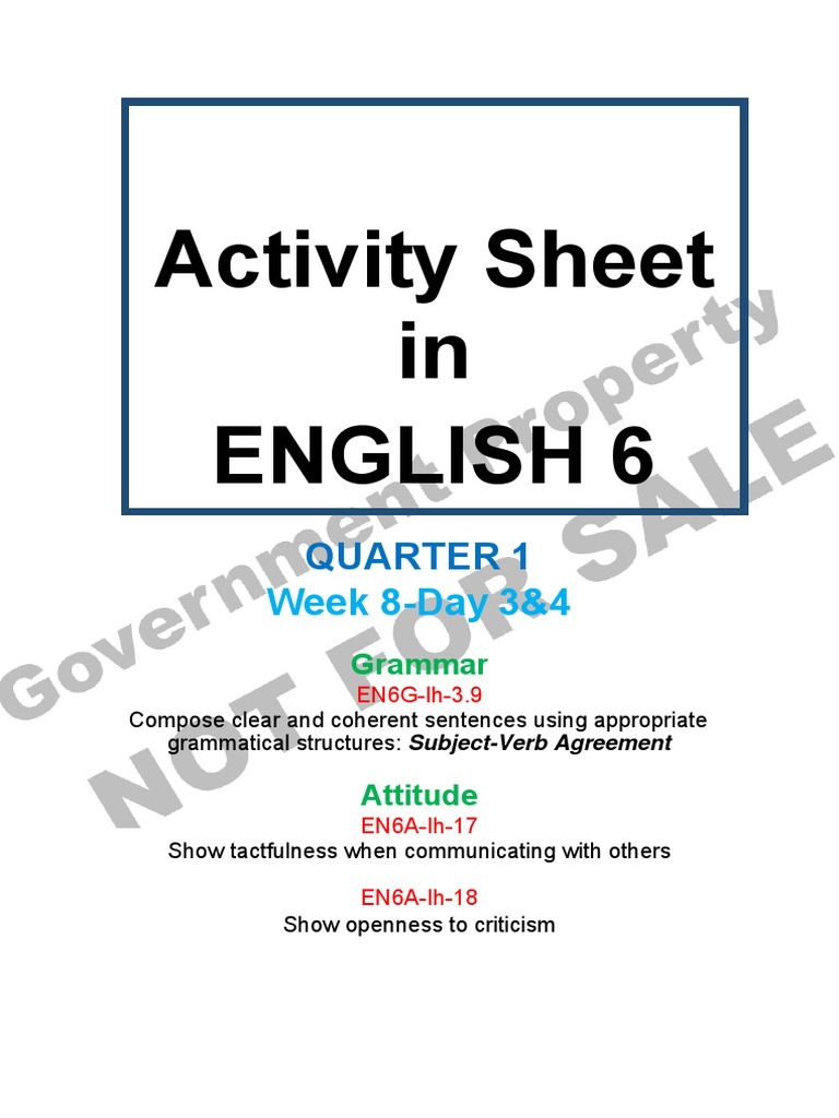 Activity Sheet in English 6: Quarter 1 | PDF | Grammatical Number | Verb