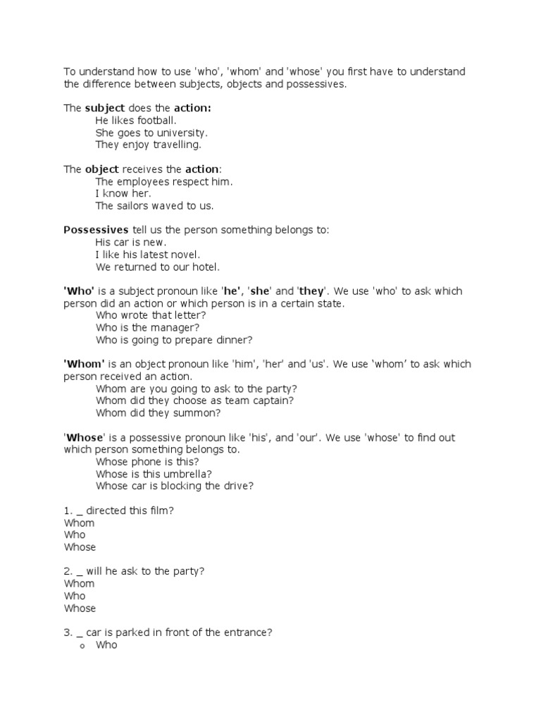 To Understand How To Use Who Whose and Whom | PDF | Pronoun | Clause