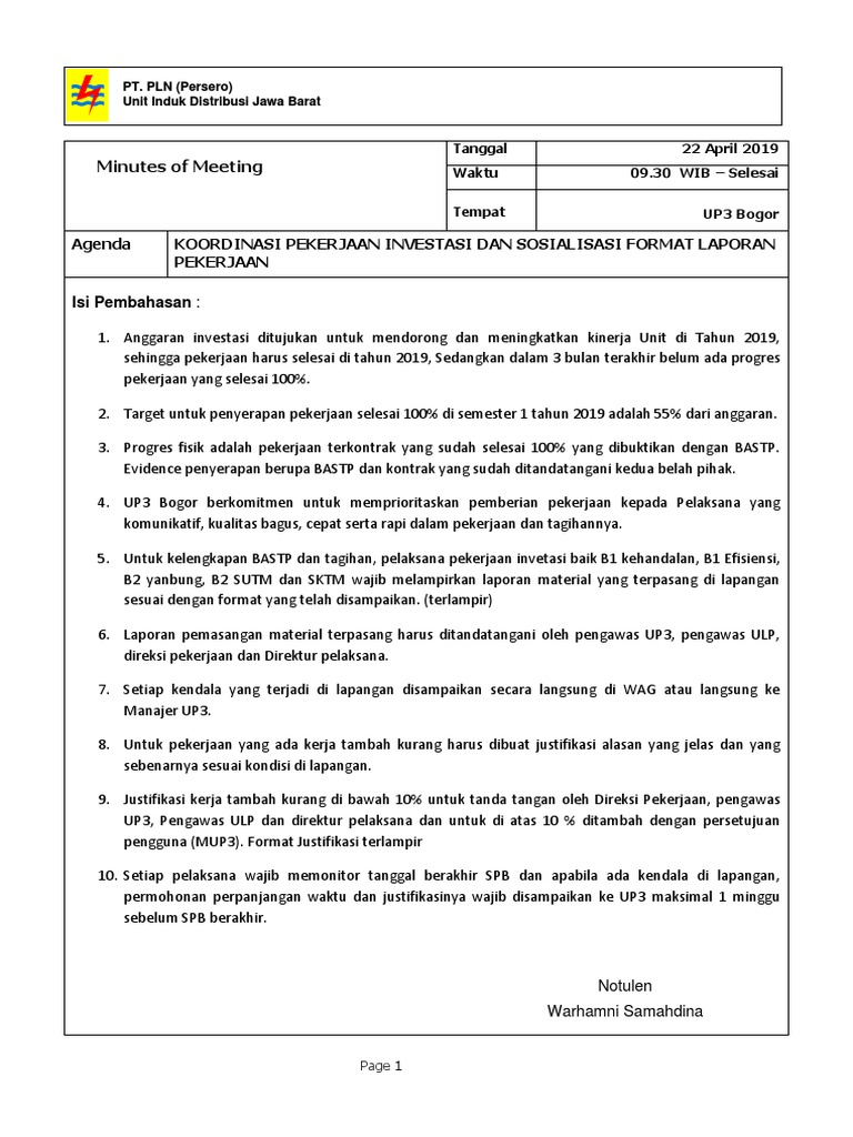 Contoh Minutes of Meeting UP3 Bogor | PDF