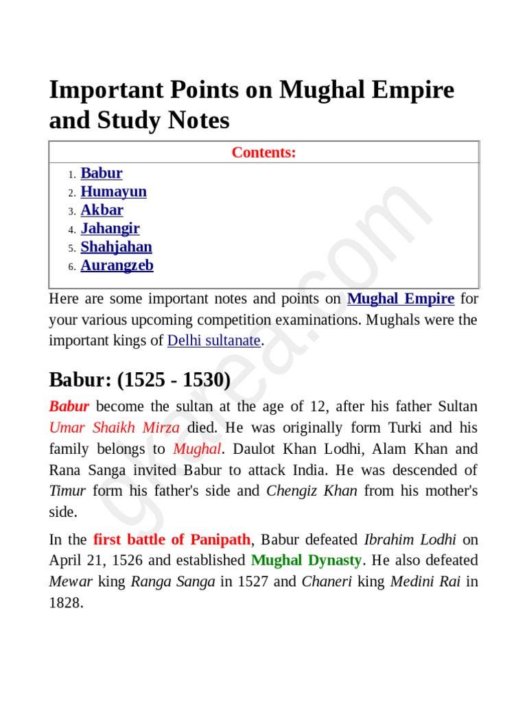 Important Points On Mughal Empire and Study Notes: Babur: (1525 - 1530 ...