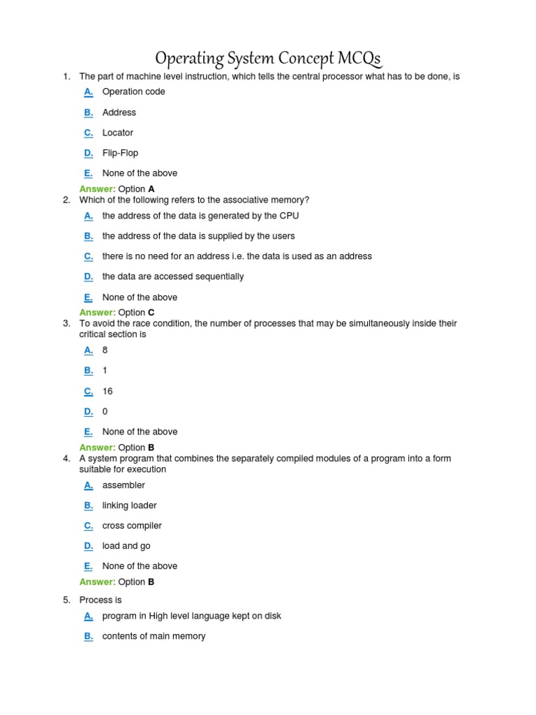 Operating Systems Concepts MCQs | PDF | Assembly Language | Operating System