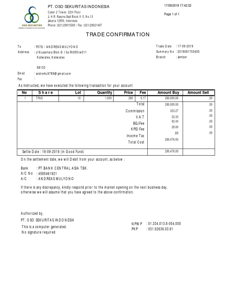 Trade Confirmation from OSO Sekuritas | PDF | Money | Payments