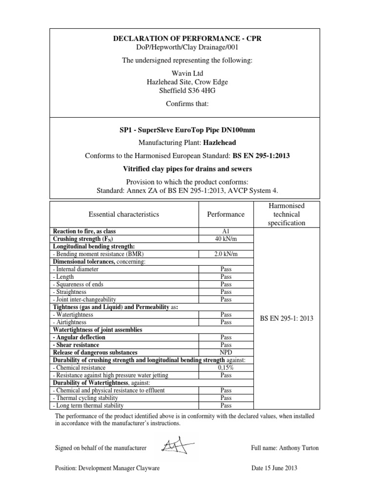 Declaration of Performance - CPR: BS EN 295-1: 2013 | PDF | Pipe (Fluid ...
