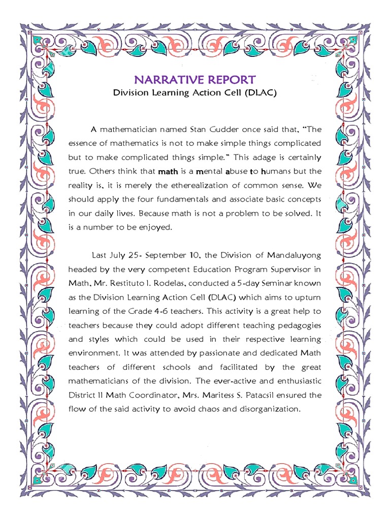 Narrative Report Dlac | PDF | Teaching Mathematics | Logic