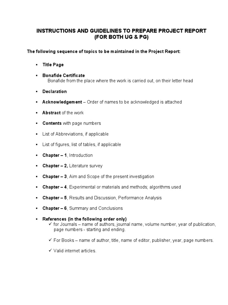 Instructions and Guidelines To Prepare Project Report (For Both Ug & PG ...
