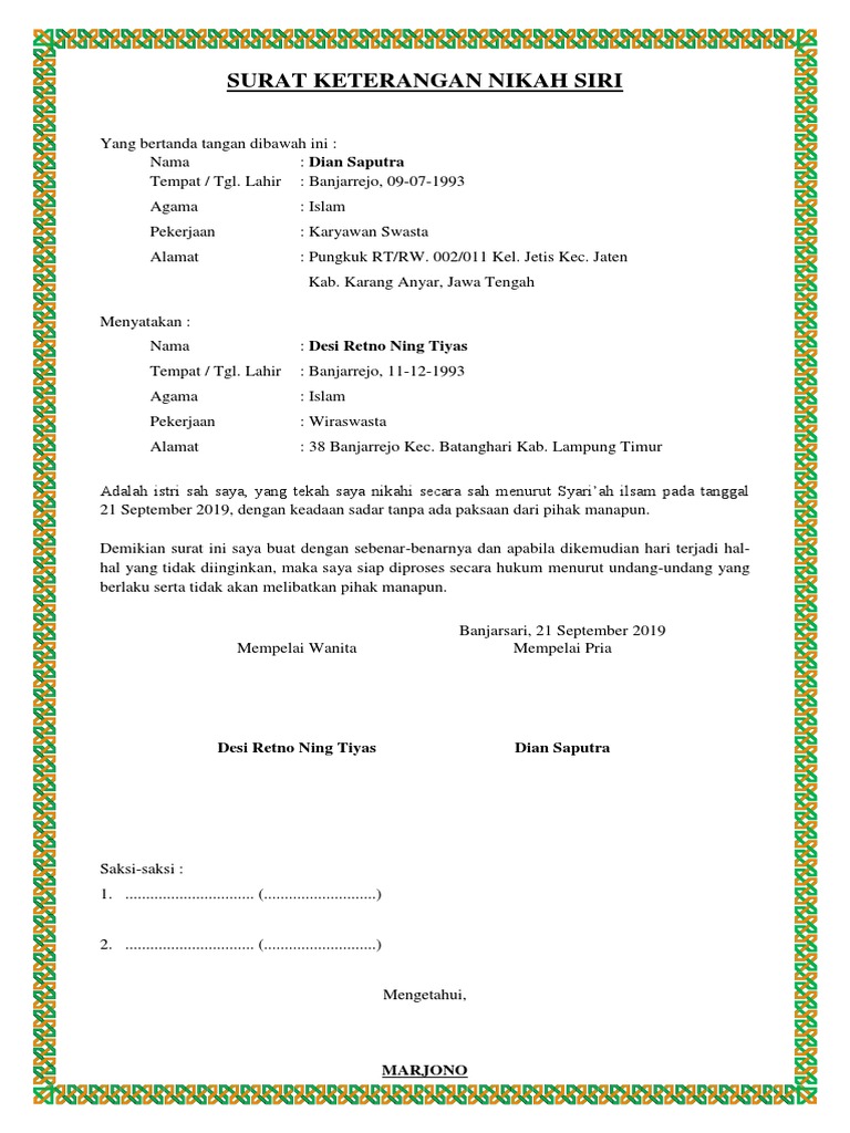 Surat Keterangan Nikah Siri | PDF