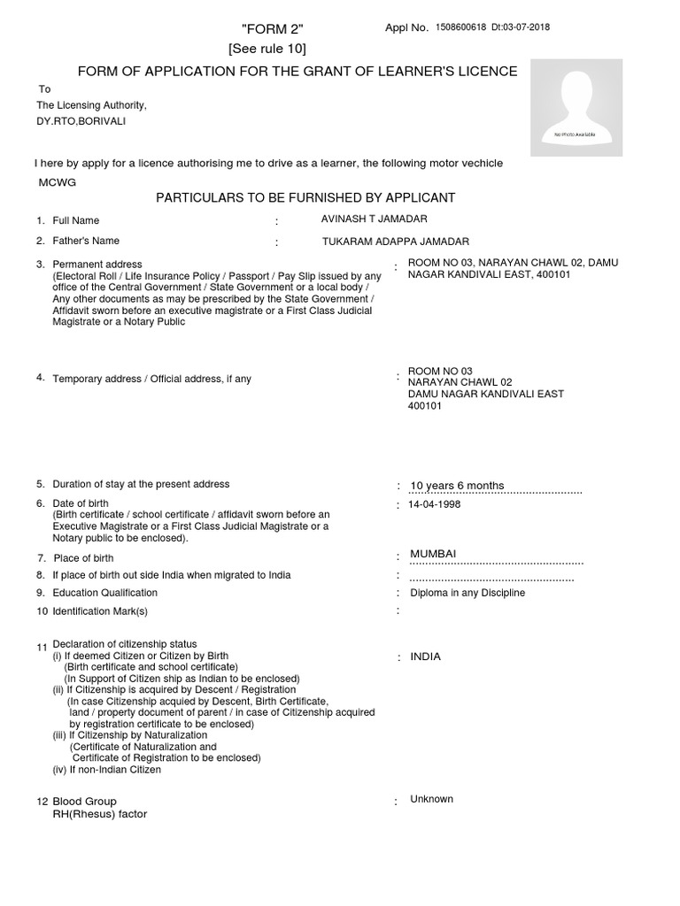 "FORM 2" (See Rule 10) Form of Application For The Grant of Learner'S ...