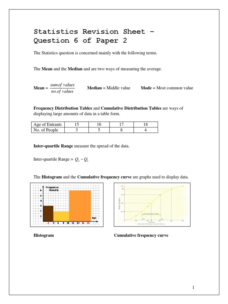 Statistics Revision Sheet - Question 6 of Paper 2: Values of No Values ...
