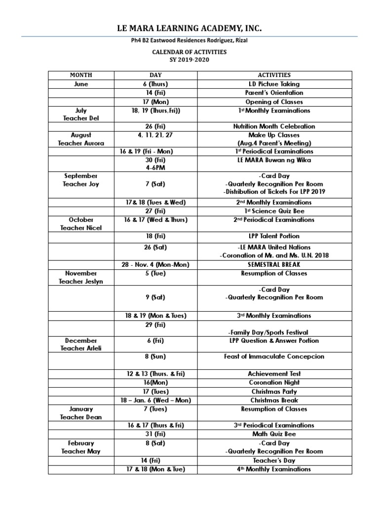 LE MARA School Calendar of Activities 19 20 | PDF