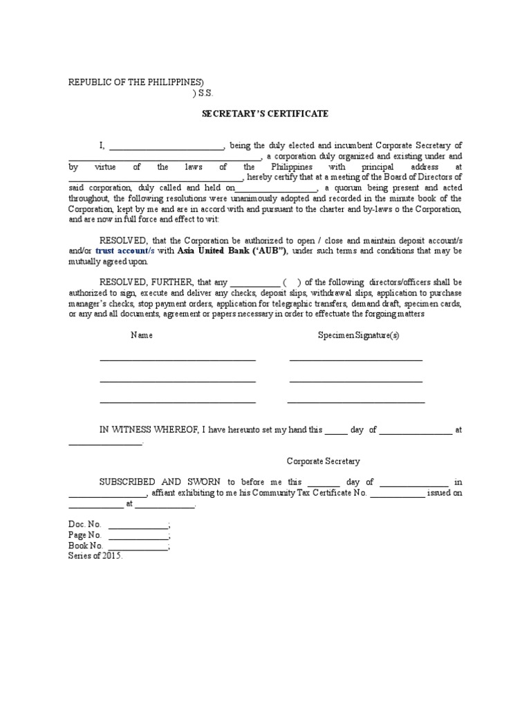Secretary Certificate AUB | PDF