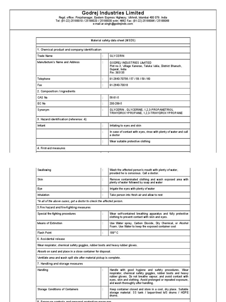Glycerine Usp Msds | PDF | Carbon | Breathing