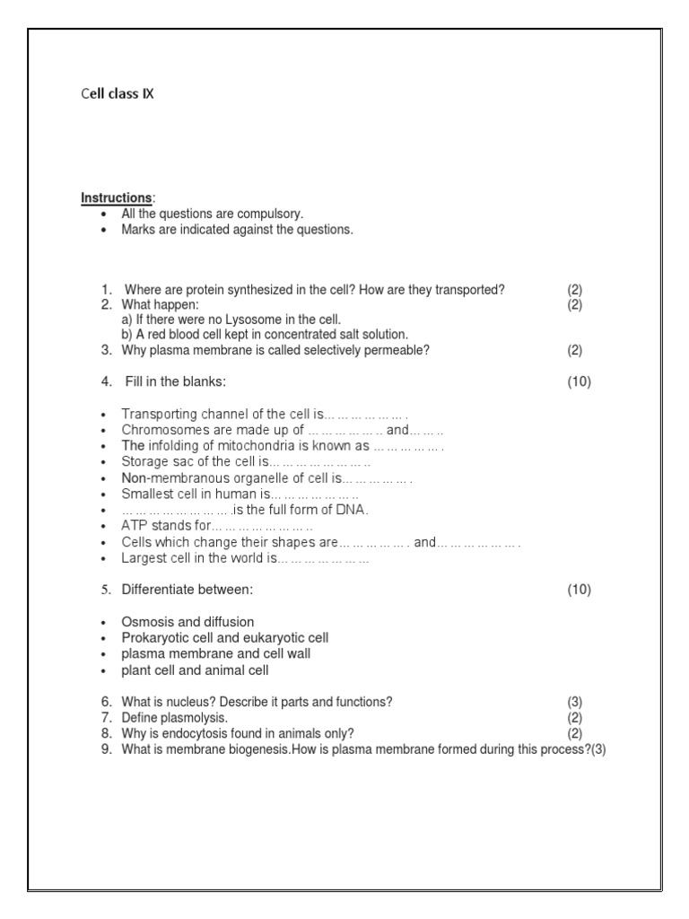 Cell Class IX: Key Concepts and Questions | PDF | Science & Mathematics