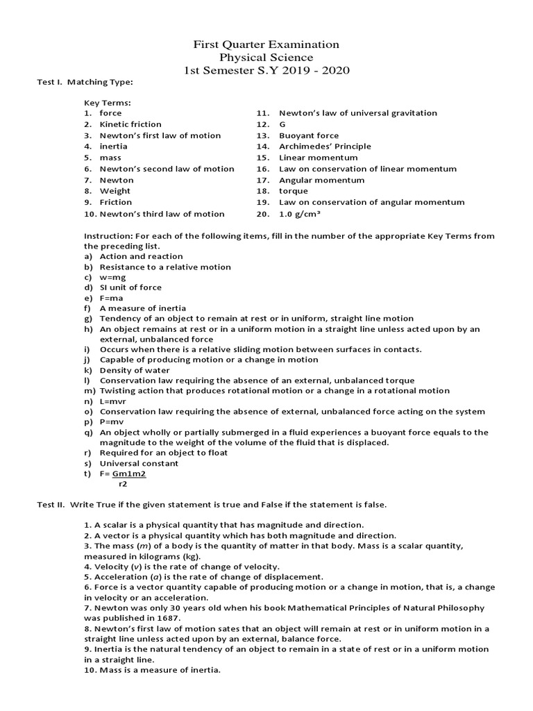 Physical Science Exam 2019-2020 | PDF | Buoyancy | Force
