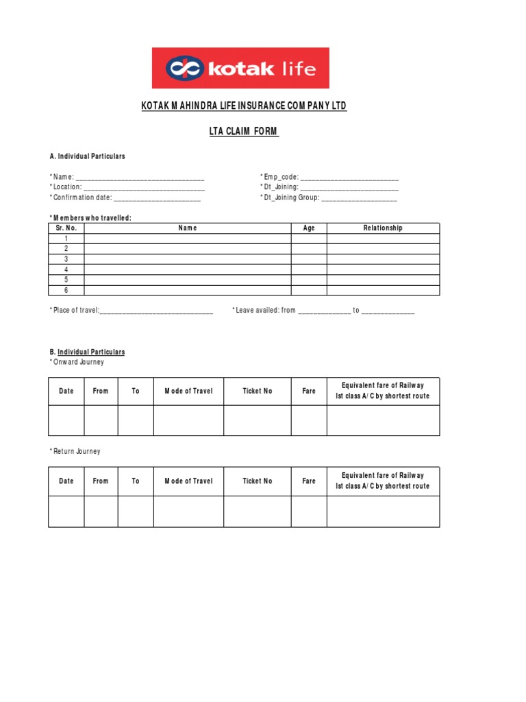 Kotak Mahindra Life Insurance Company LTD Lta Claim Form | PDF ...