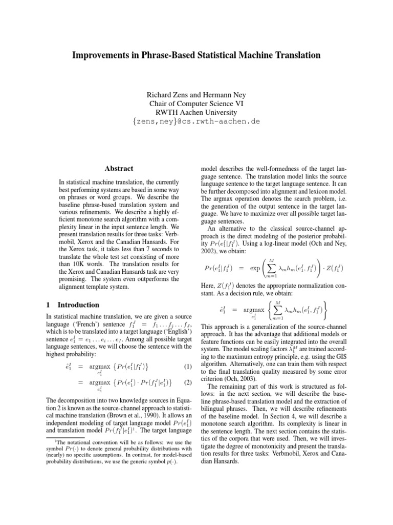 Improvements in Phrase-Based Statistical Machine Translation | PDF | Linguistics ...