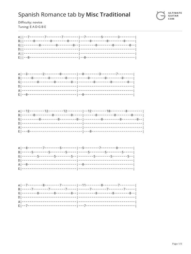Spanish Romance Tab by Misc Traditional: Ultimate Guitar COM | PDF ...