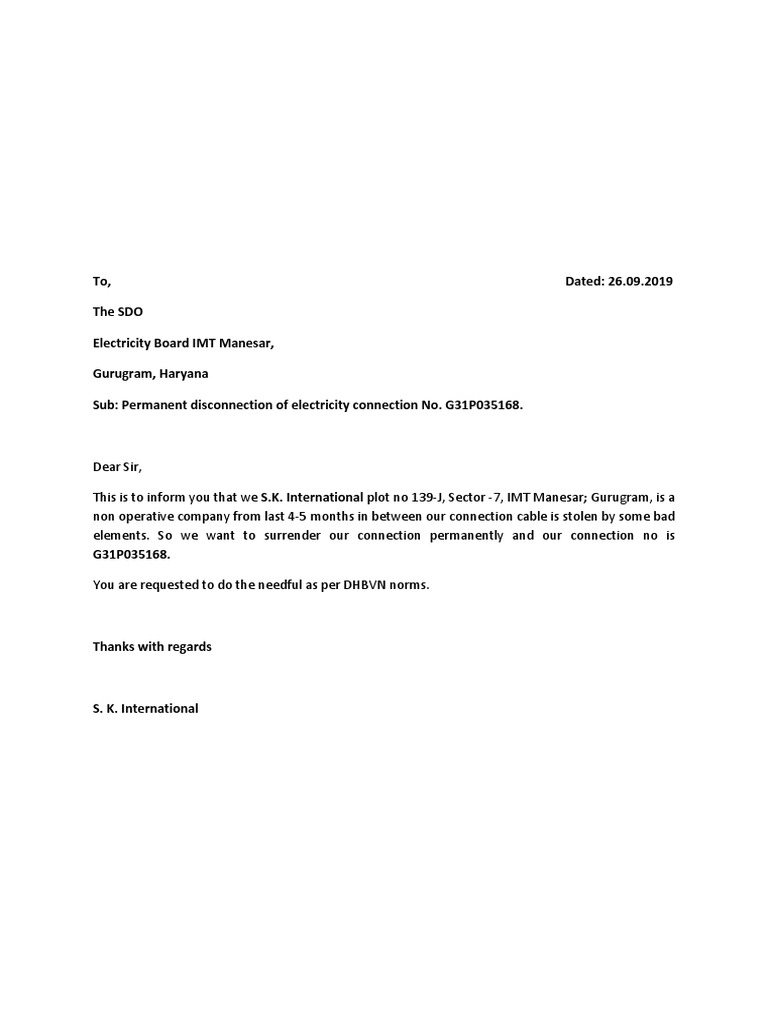 Request for Permanent Disconnection of Electricity Connection Due to ...