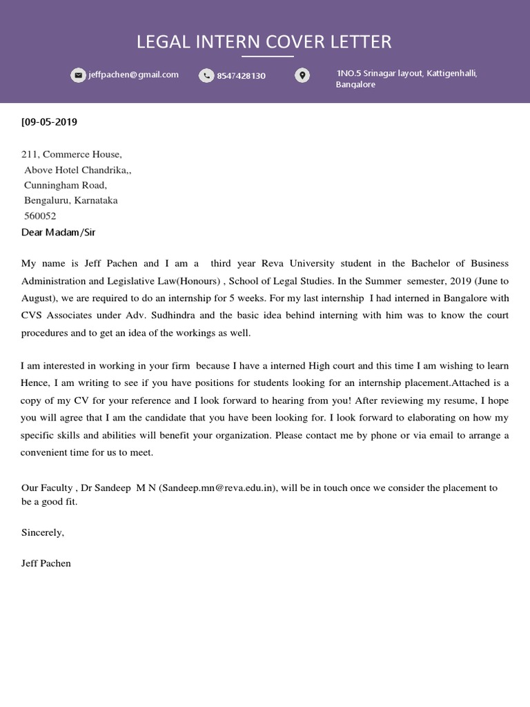 Legal Intern Cover Letter: 211, Commerce House, Above Hotel Chandrika ...