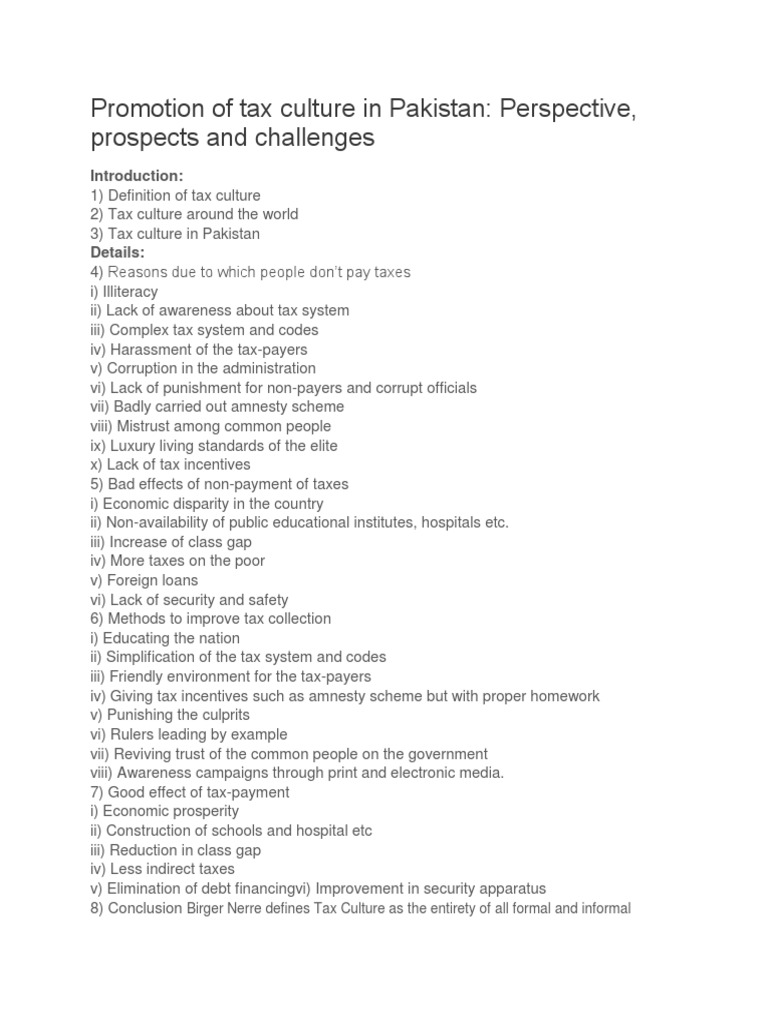 Promotion of Tax Culture in Pakistan: Perspective, Prospects and ...