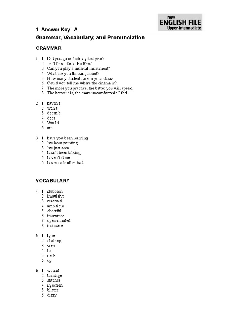 1 Answer Key A Grammar, Vocabulary, and Pronunciation | PDF ...