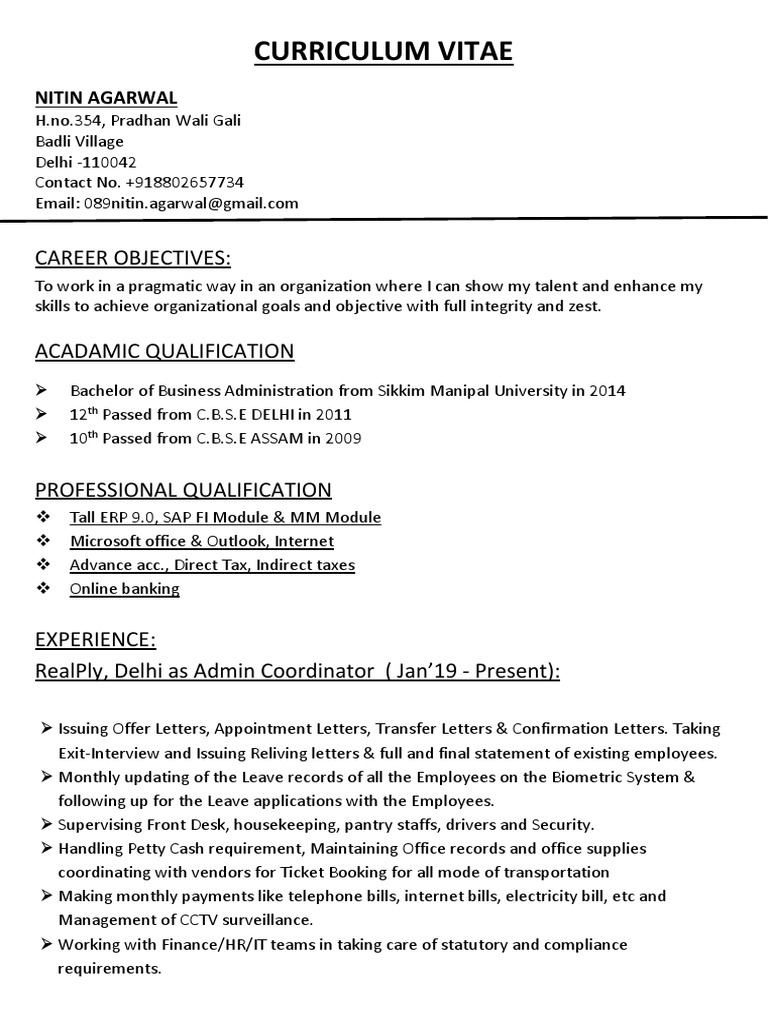 Curriculum Vitae: Career Objectives | PDF | Employment | Inventory