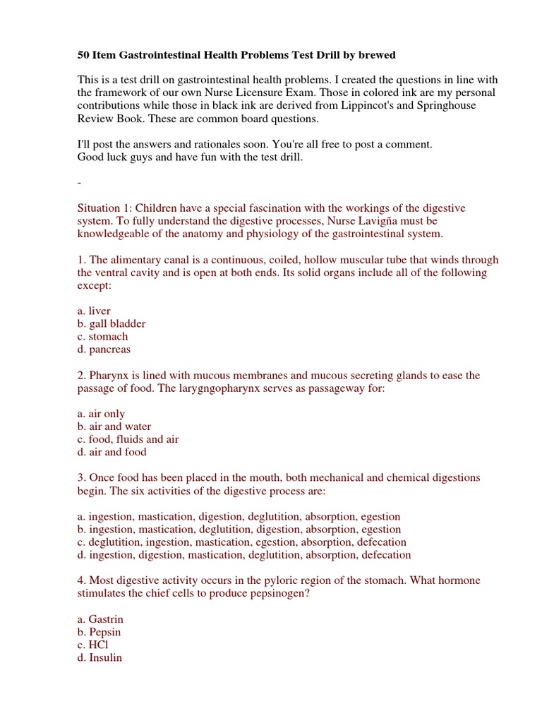50 Item Gastrointestinal Health Problems Test Drill by Brewed PDF | PDF ...