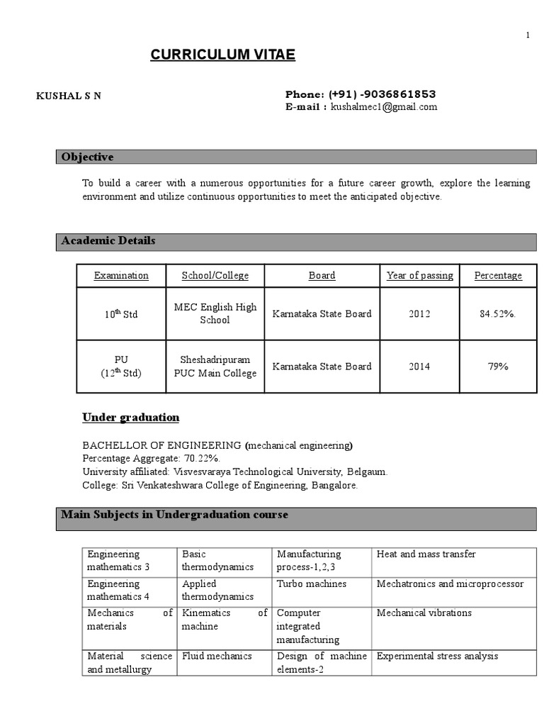 Curriculum Vitae: Objective | PDF | Mechanical Engineering | Engineering