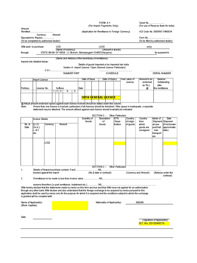 Form A-1 (For Import Payments Only) : Open General Licence | PDF ...