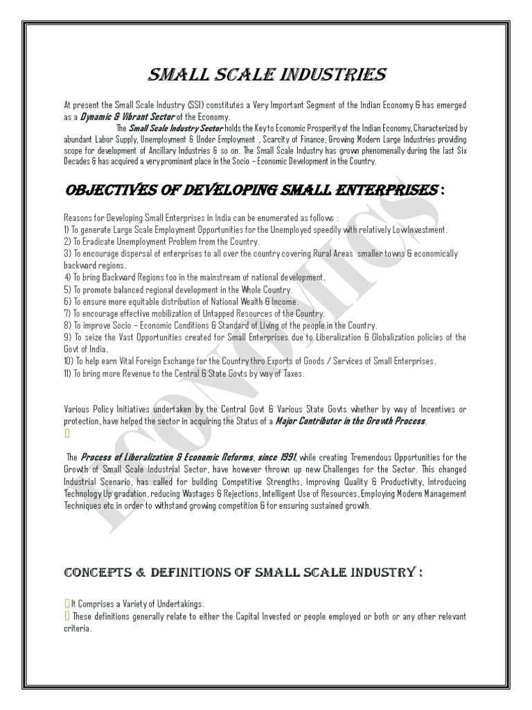Small Scale Industries: Objectives of Developing Small Enterprises ...