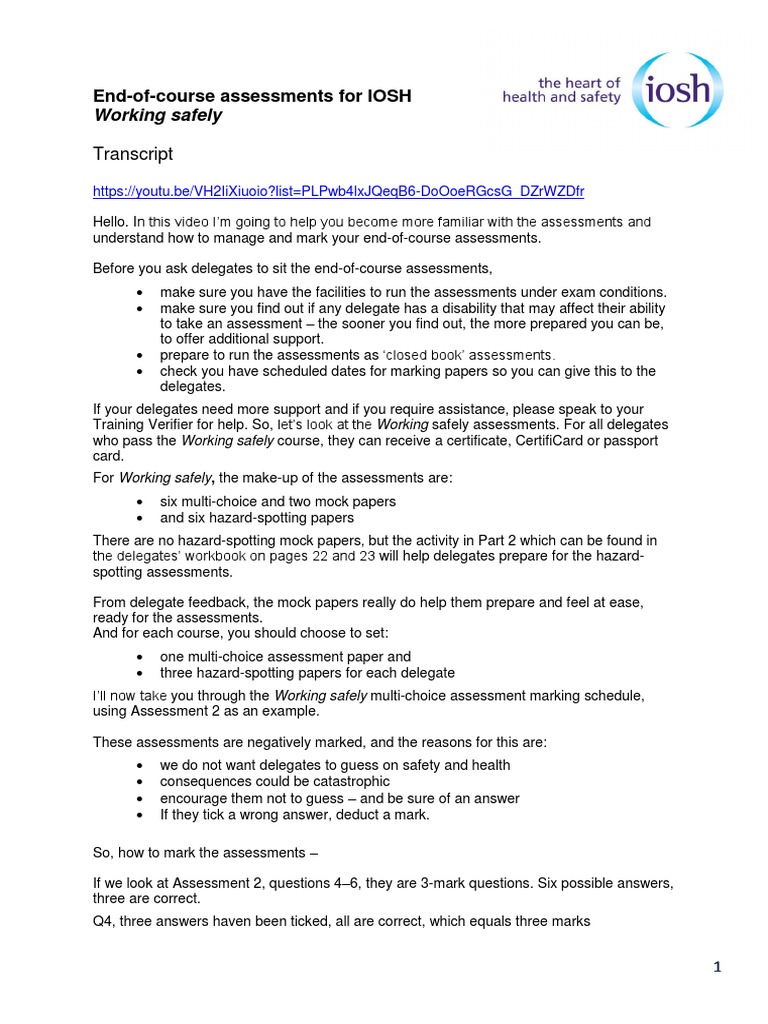 End of Course Assessments For IOSH Working Safely Transcript PDF | PDF ...