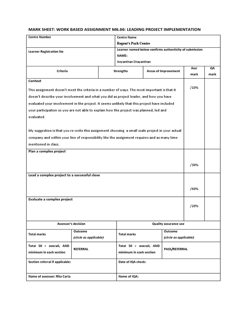Mark Sheet: Work Based Assignment M6.06: Leading Project Implementation | Download Free PDF ...