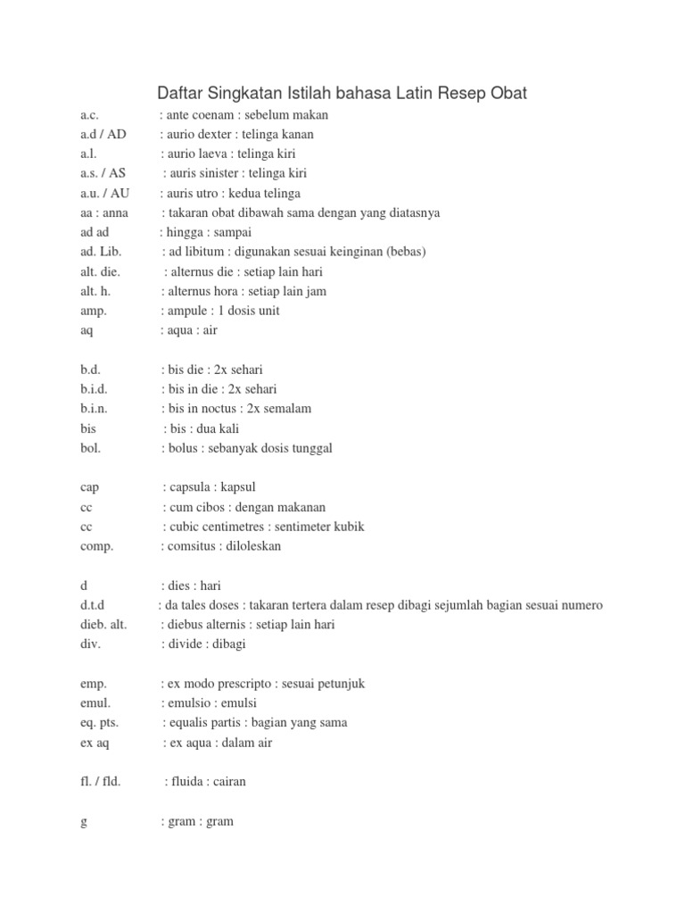 Daftar Singkatan Istilah Bahasa Latin Resep Obat | PDF
